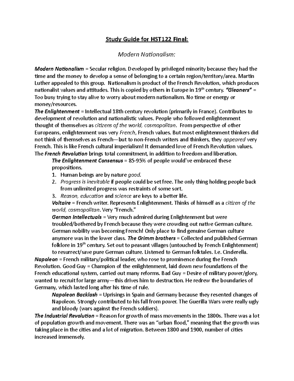 HST122 Final Exam Study Guide - Study Guide for HST122 Final: Modern ...