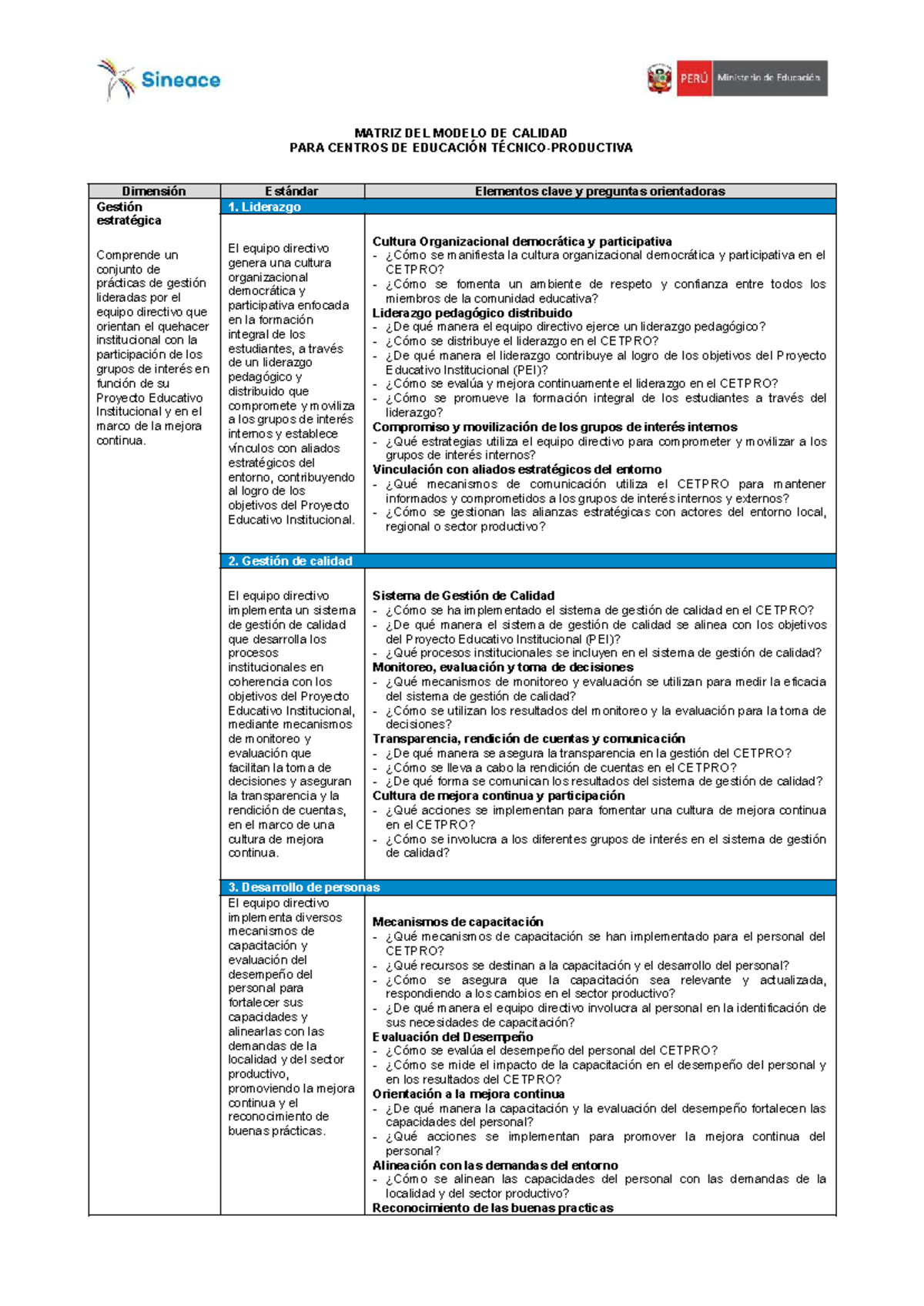 MATRIZ DEL MODELO DE CALIDAD ETP: Gestión Estratégica y Mejora Continua ...