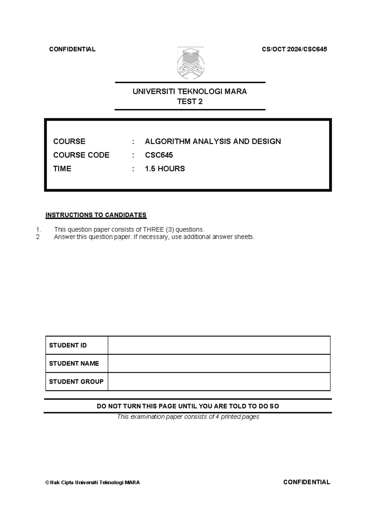 CSC645 TEST 2 - Algorithm Analysis & Design Exam Notes - Studocu