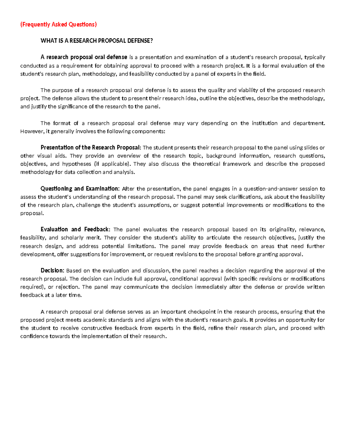 Research Proposal Oral Defense FAQs and Preparation Tips - Studocu
