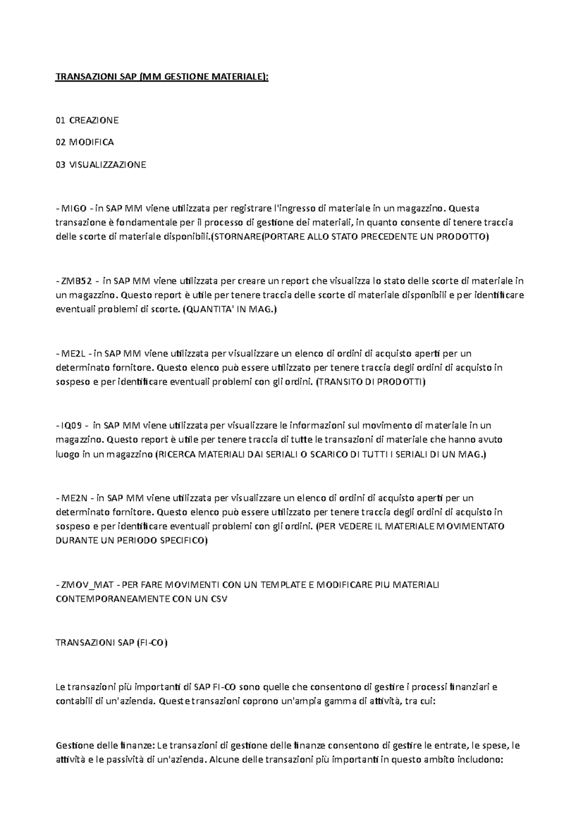 Transazioni SAP: Guida Completa a MM e FI-CO per Gestione Materie - Studocu