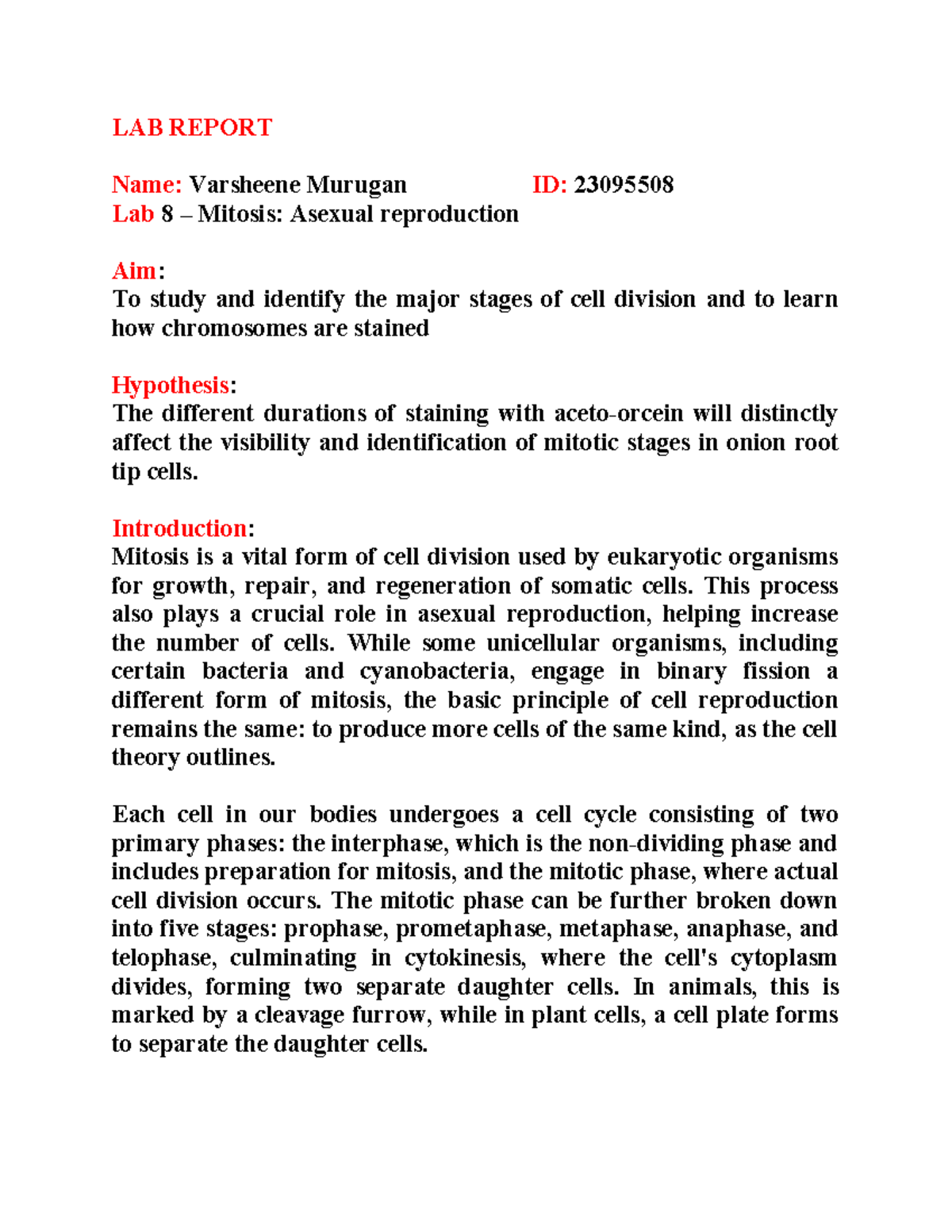 LAB Report (Mitosis) - Study of Cell Division Stages in Onion Tips ...