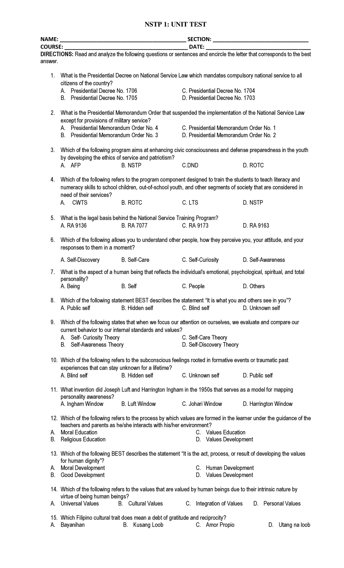 NSTP-1 UNIT-TEST - This has been used as a reviewer for a midterm exam ...