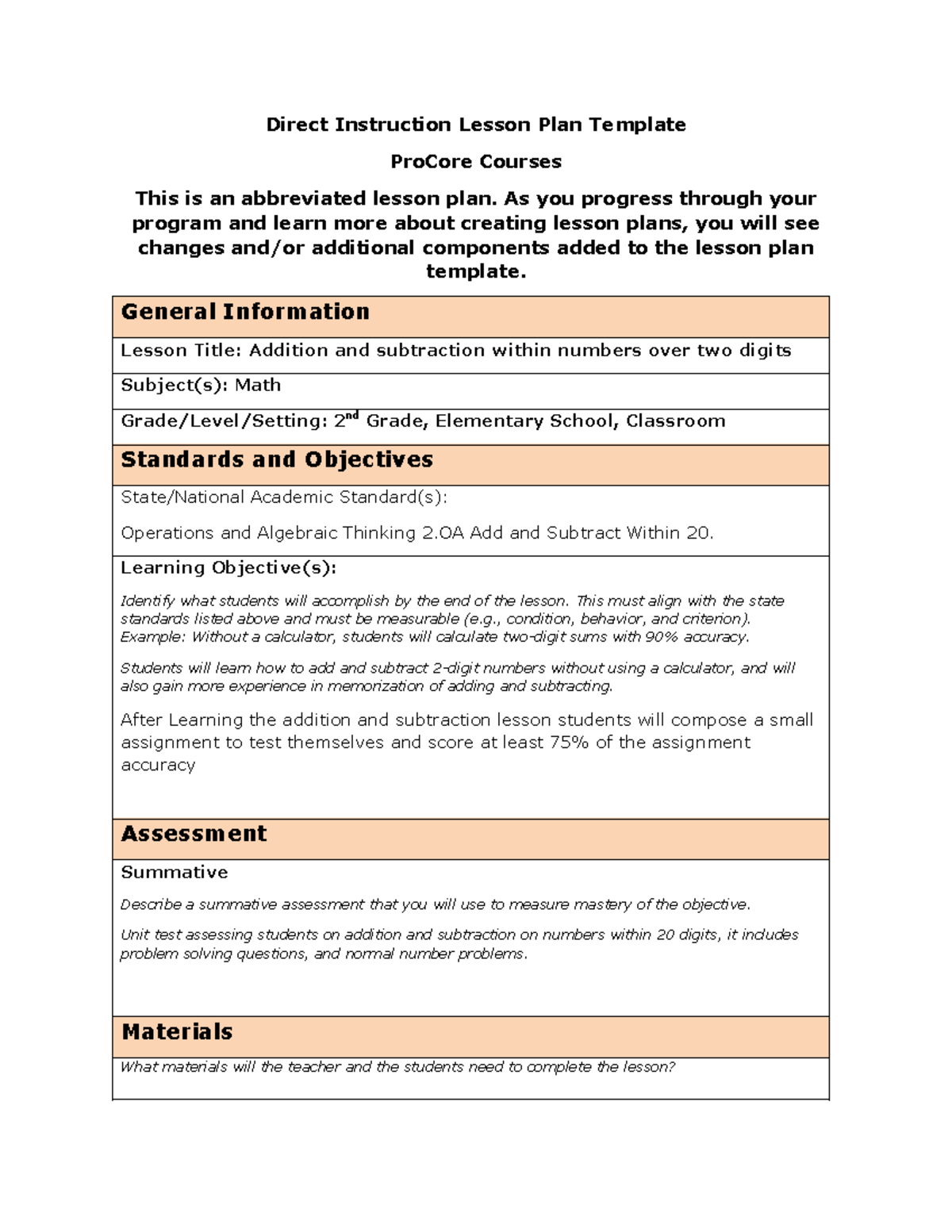 Direct Instruction Lesson Plan: Addition & Subtraction (ProCore) - Studocu