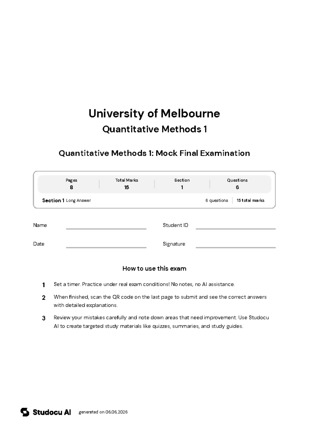 Quantitative Methods 1: Mock Final Examination - Studocu