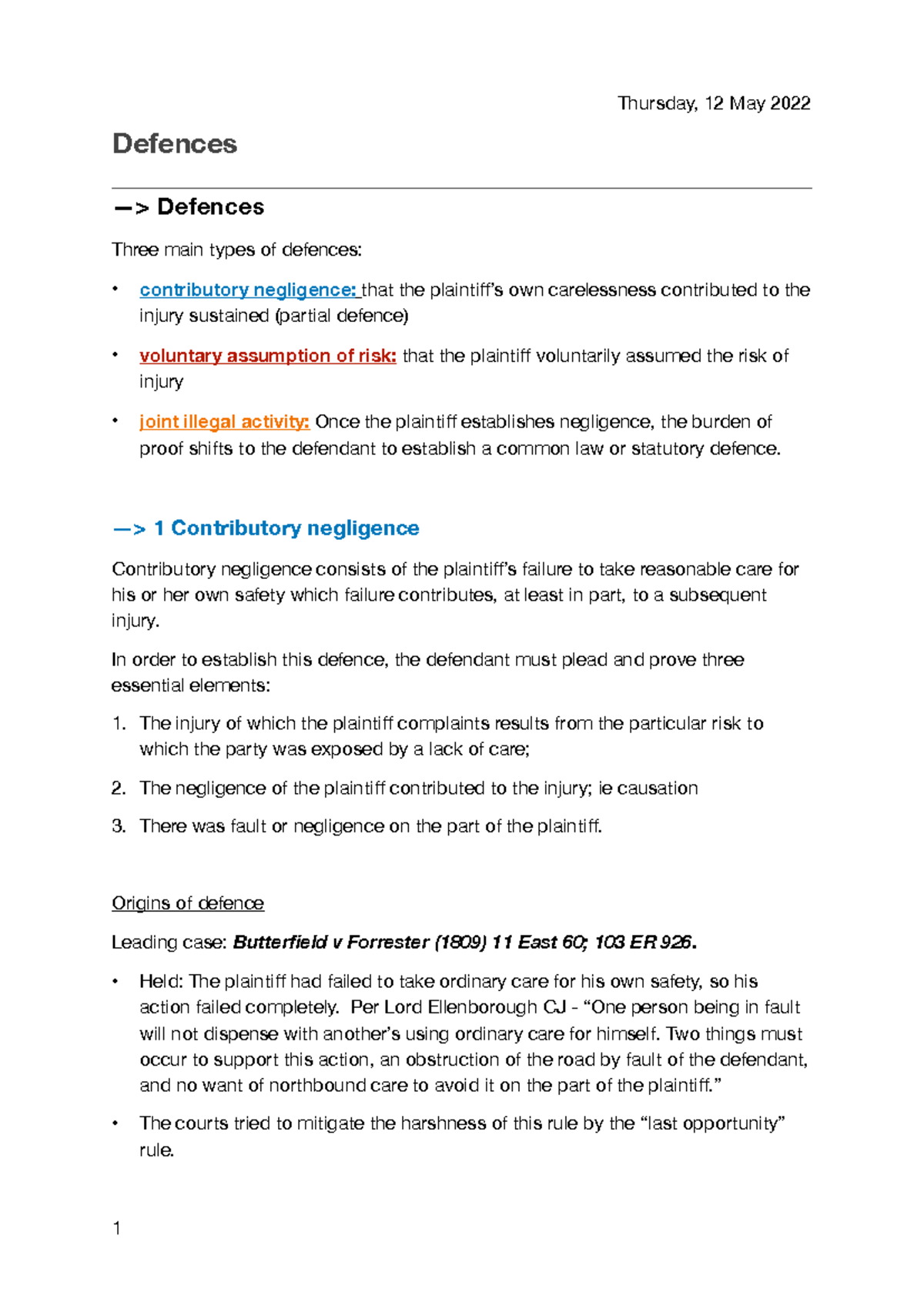 Defences in Torts: Contributory Negligence & Voluntary Assumption of ...