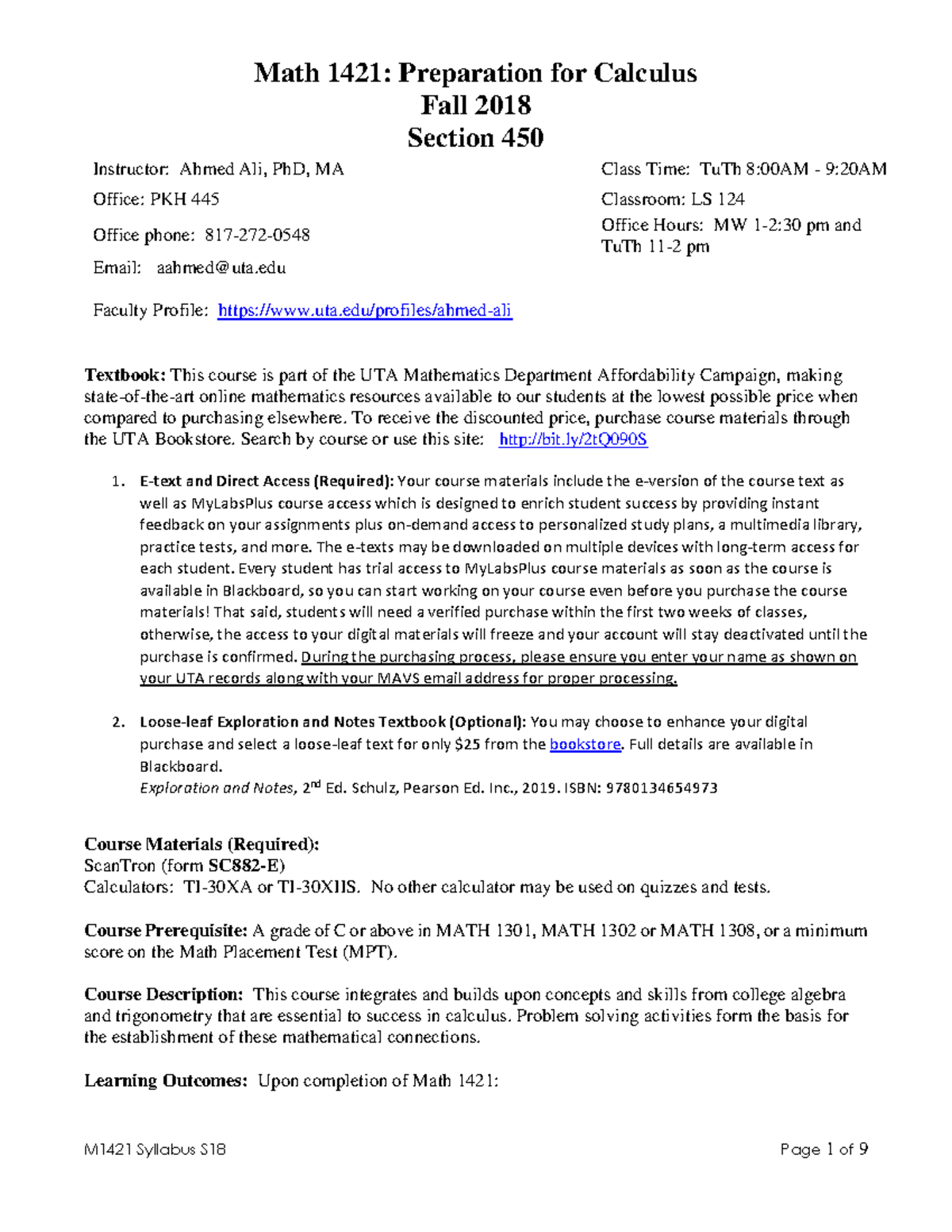 MATH 1421-450 - Course Syllabus for Fall 2018 Mathematics Class - Studocu