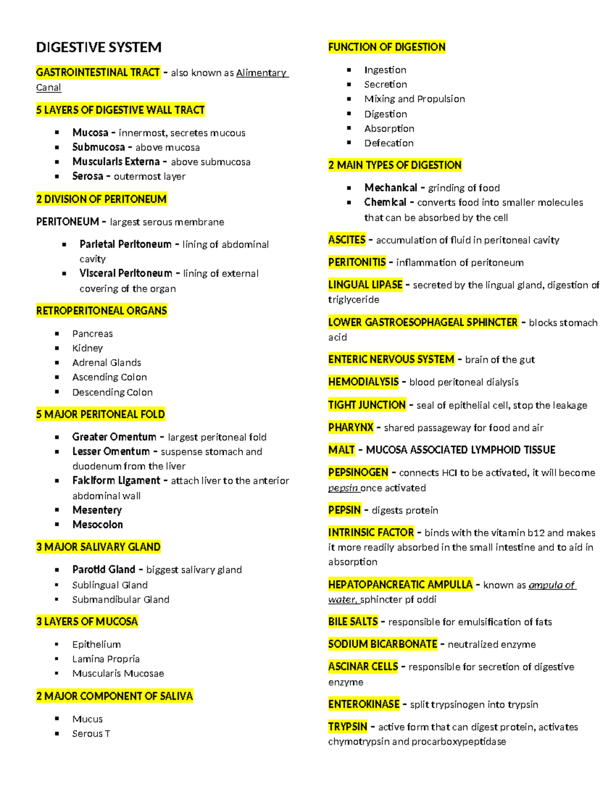 Digestive System Overview: Key Concepts and Functions Review - Studocu