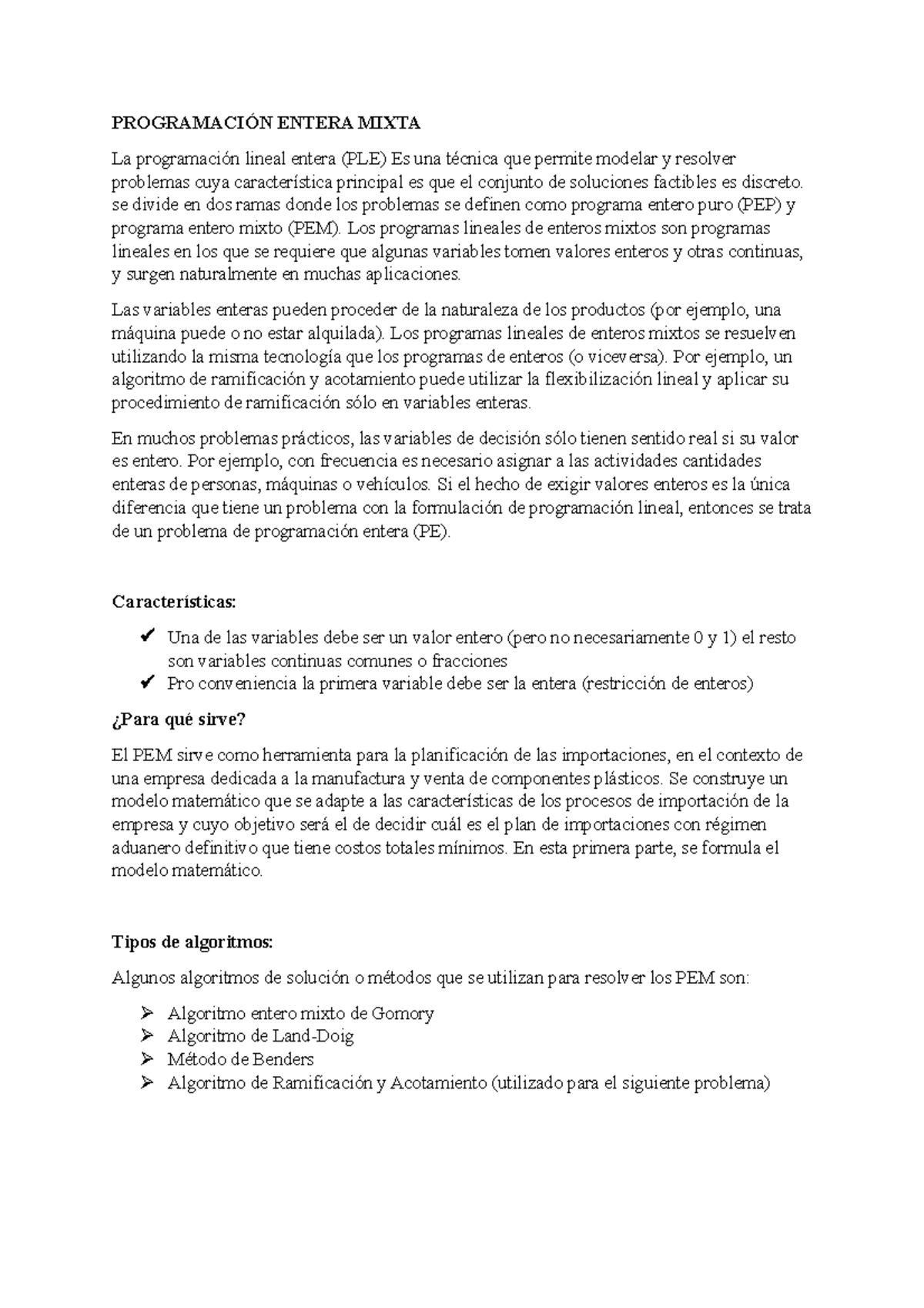 Programación Entera Mixta y sus Aplicaciones en Optimización - Studocu