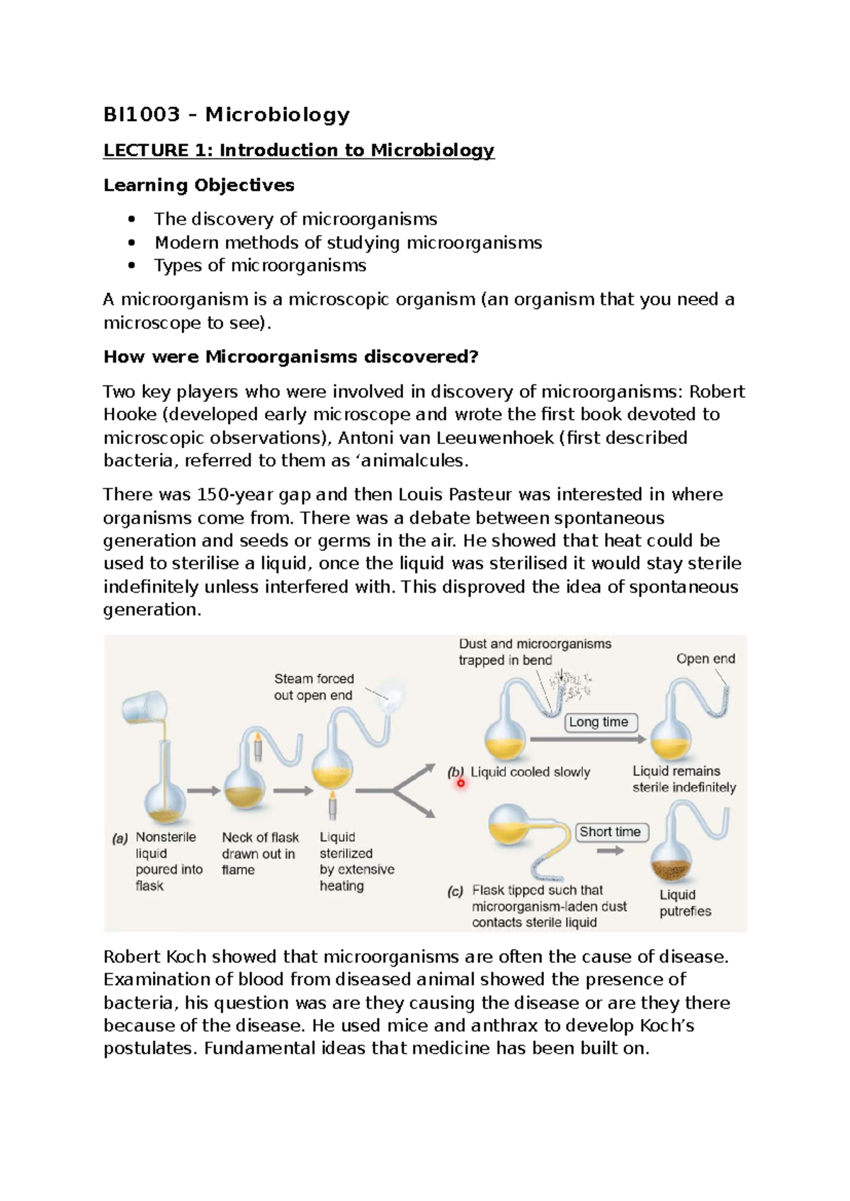 BI1003 Microbiology LECTURE 1: Intro to Microorganisms & Their Discovery - Studocu