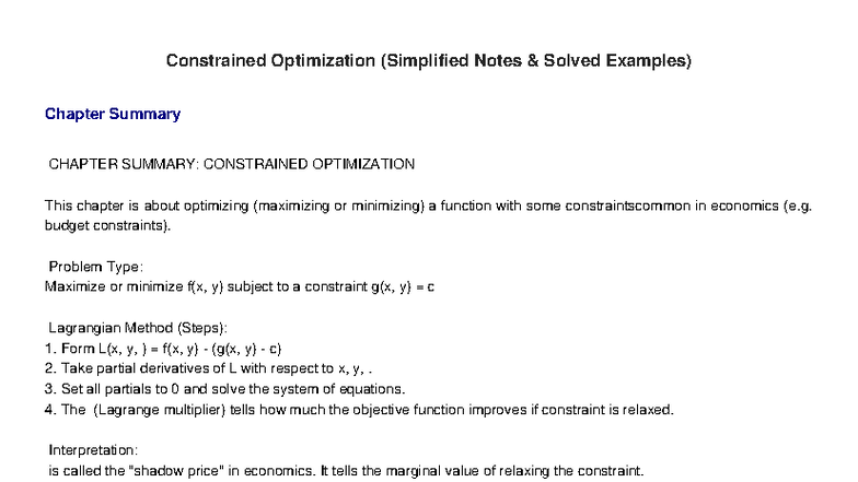 Constrained Optimization (Econ 101) Chapter Summary & Examples - Studocu