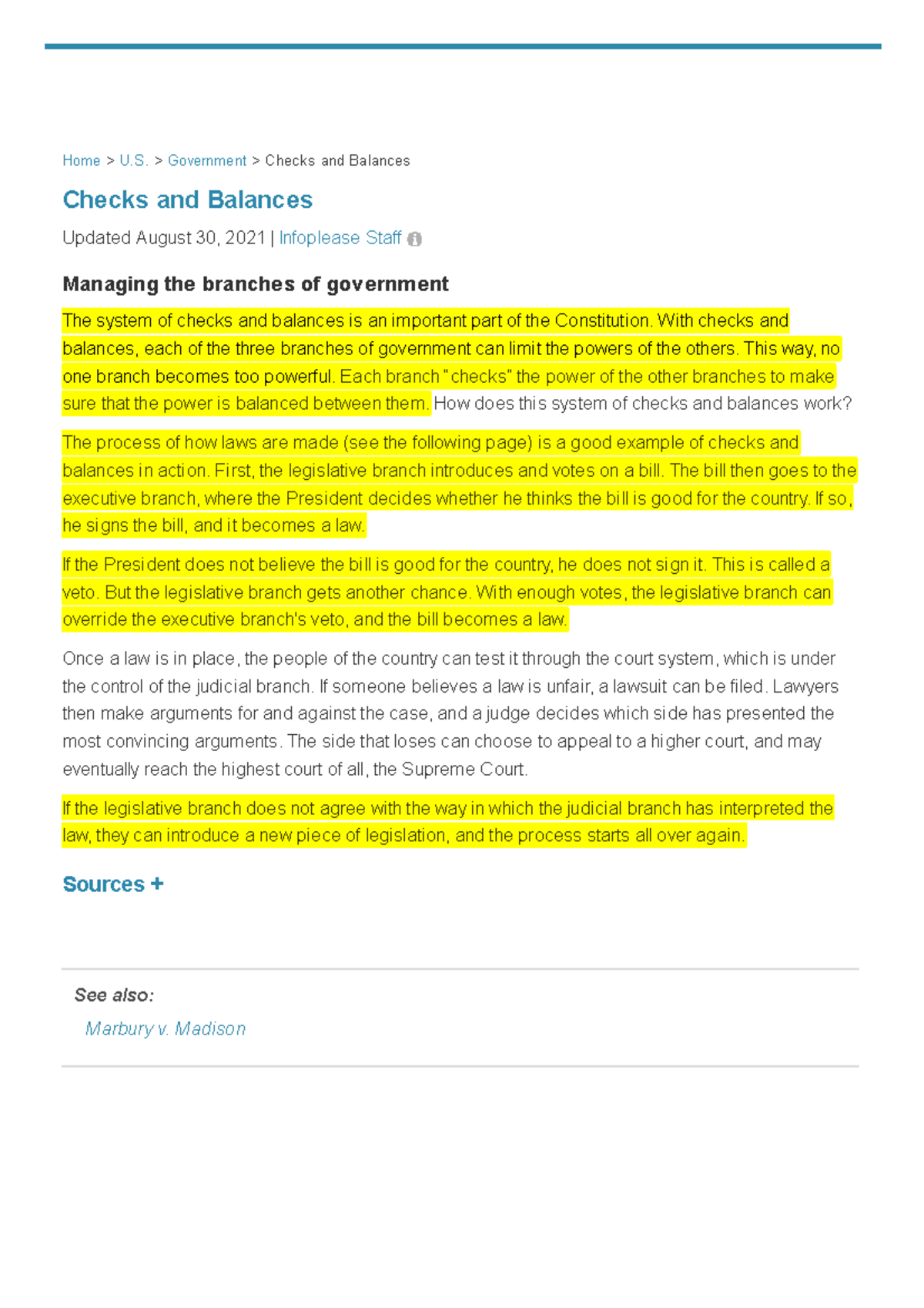 U.S. Government Checks and Balances Overview - Infoplease - Studocu