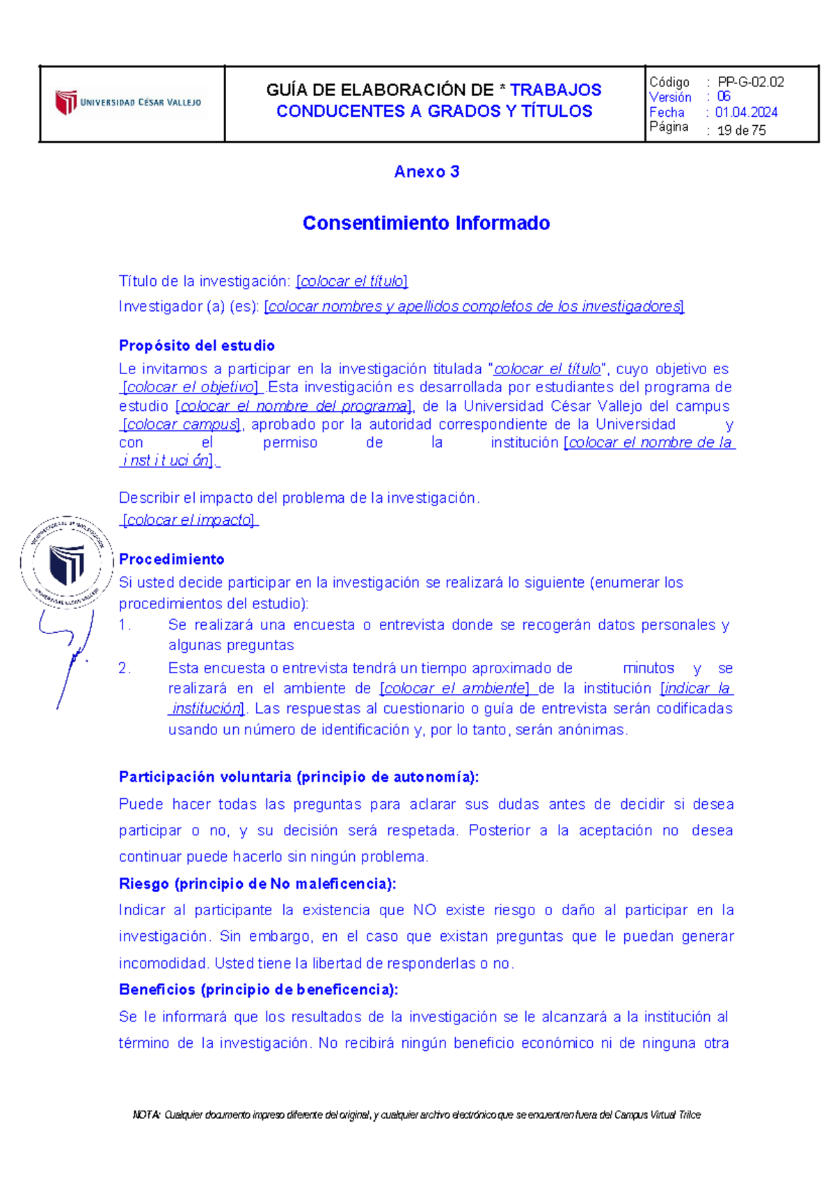 Formatos de Consentimiento Informado UCV 2024 - Guía y Ejemplos - Studocu