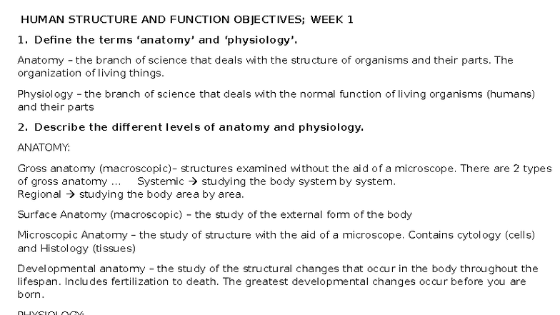HUMAN STRUCTURE AND FUNCTION WEEK 1: Anatomy & Physiology Overview ...