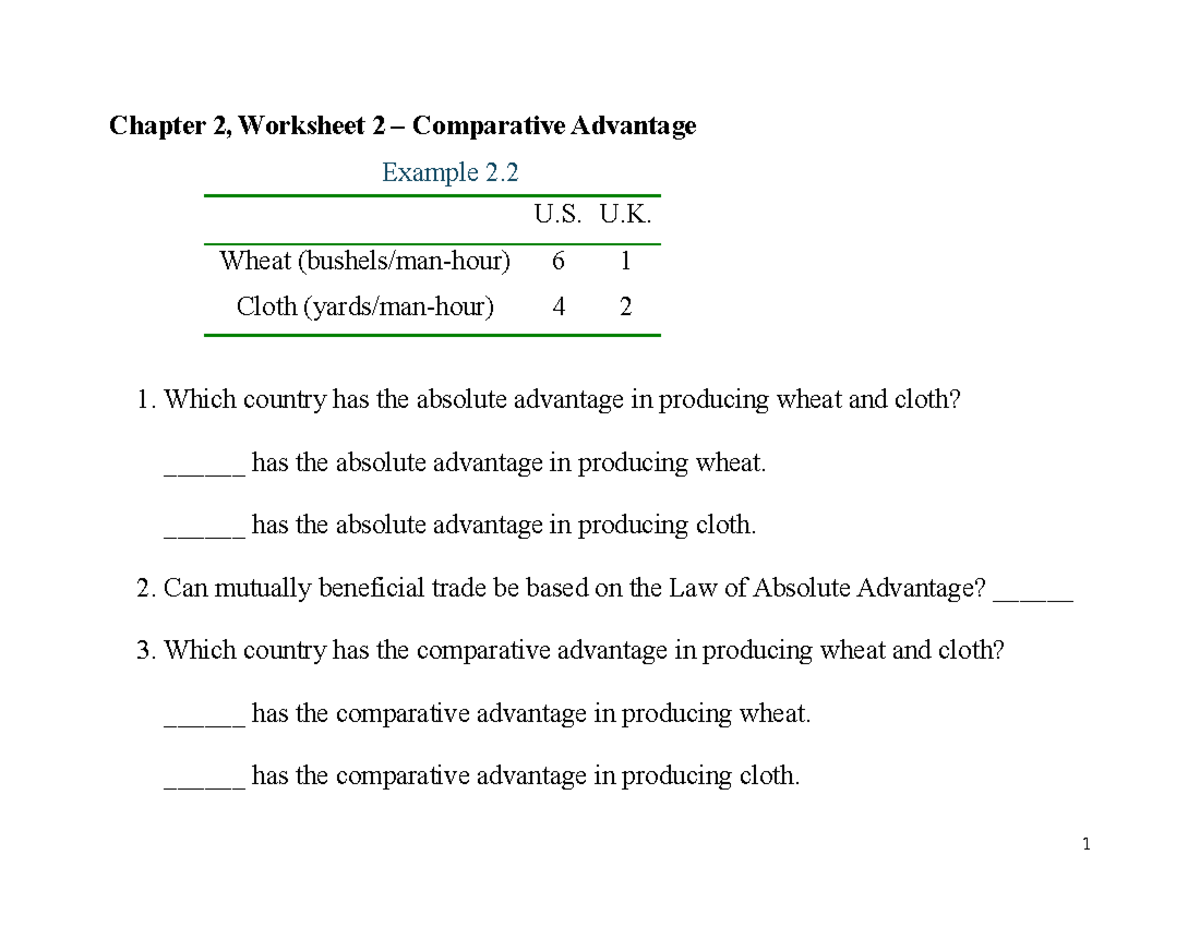 Chapter 2 - Worksheet 2: Comparative Advantage Analysis - Studocu