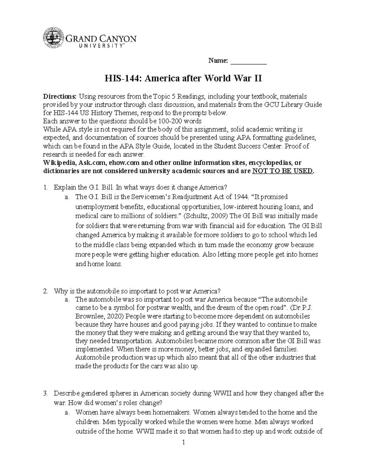 HIS-144-America after WWII Worksheet - Name: __________ HIS-144 ...