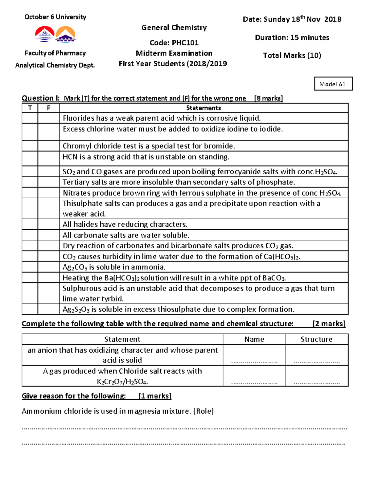 PHC General Chemistry Midterm Exam - First Year (2018/19) - Studocu