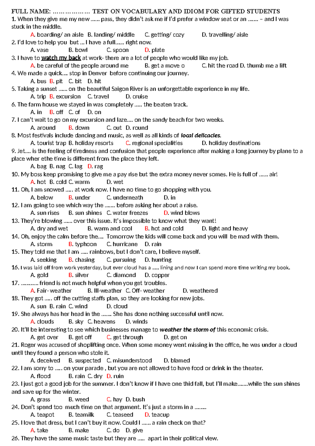 Vocabulary and Idiom Test for Gifted Students 2 - Studocu