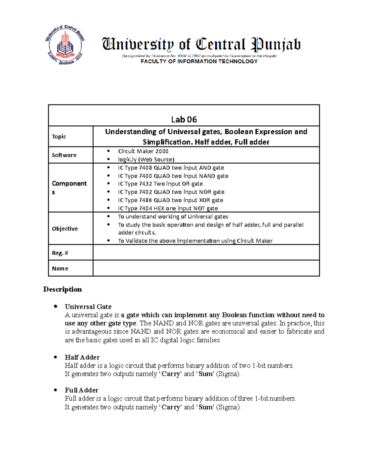 DLD LAB06 - Lab 06 Topic Understanding of Universal gates, Boolean ...