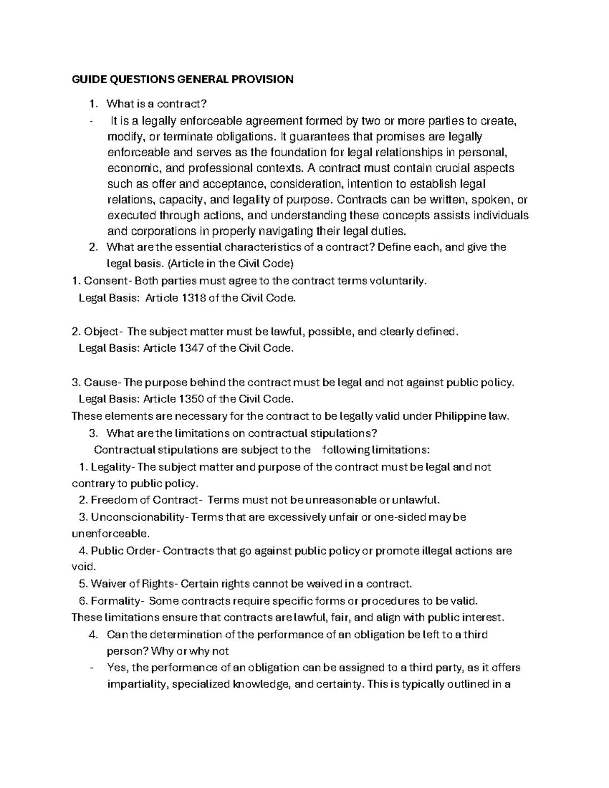 Guide Questions On Contracts Essentials Legal Principles Studocu
