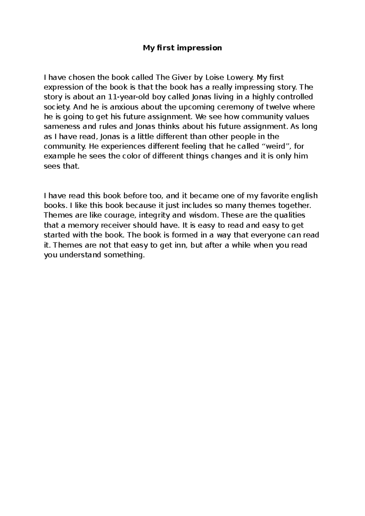 ENG 101: Essay Notes on "The Giver" by Lois Lowry - Studocu