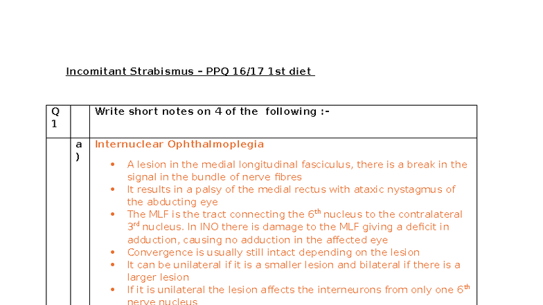 Incomitant Strabismus PPQ - 1st Diet Questions and Answers - Studocu