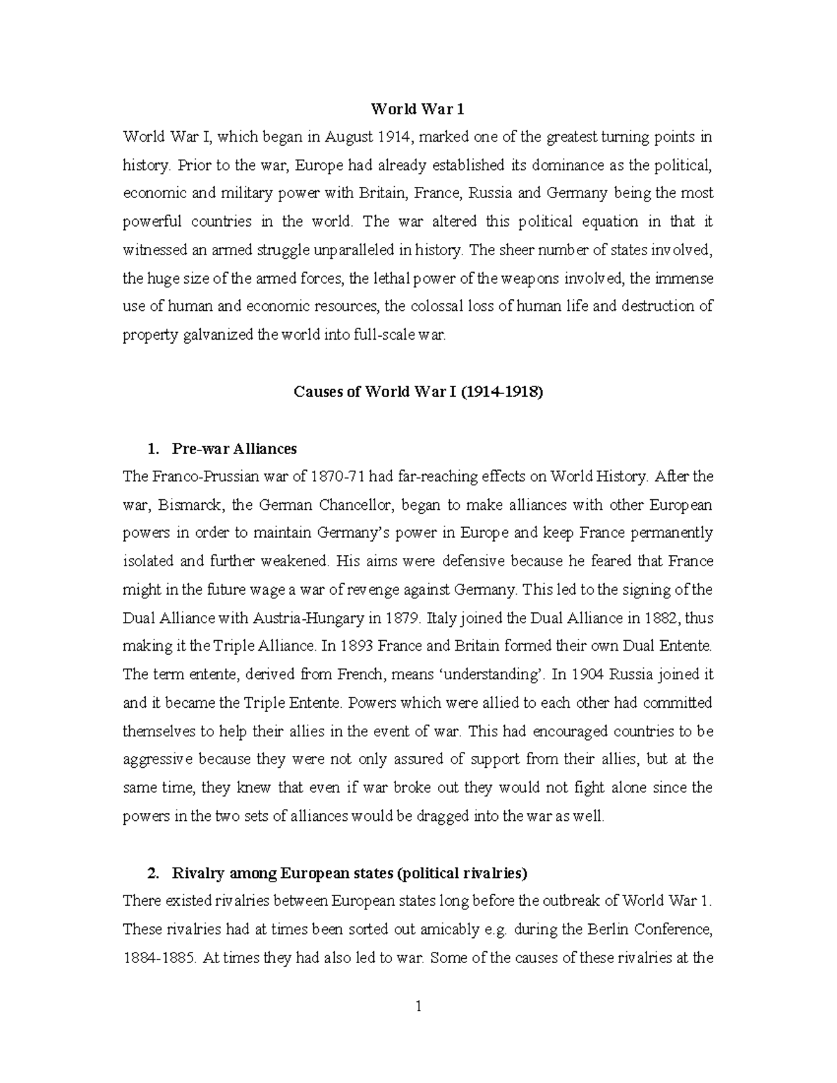 World War I: Causes, Course, and Consequences - Study Notes - Studocu