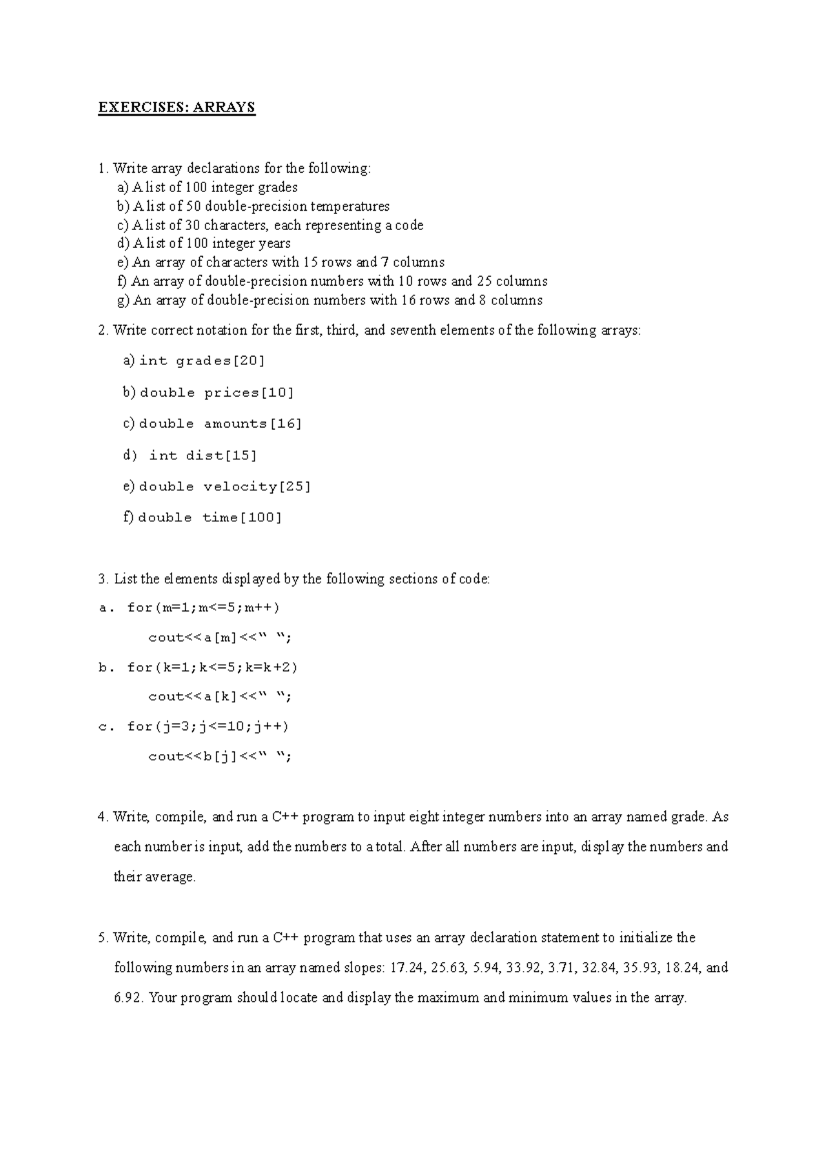 C++ Exercises: Arrays and Pointers Overview (CS101) - Studocu