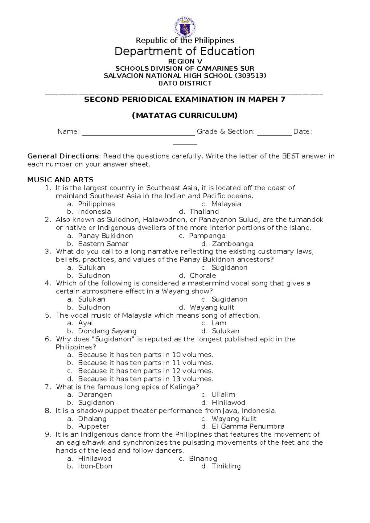 Q2 Periodical Exam MAPEH 7 (Matatag Curriculum) Comprehensive Review ...