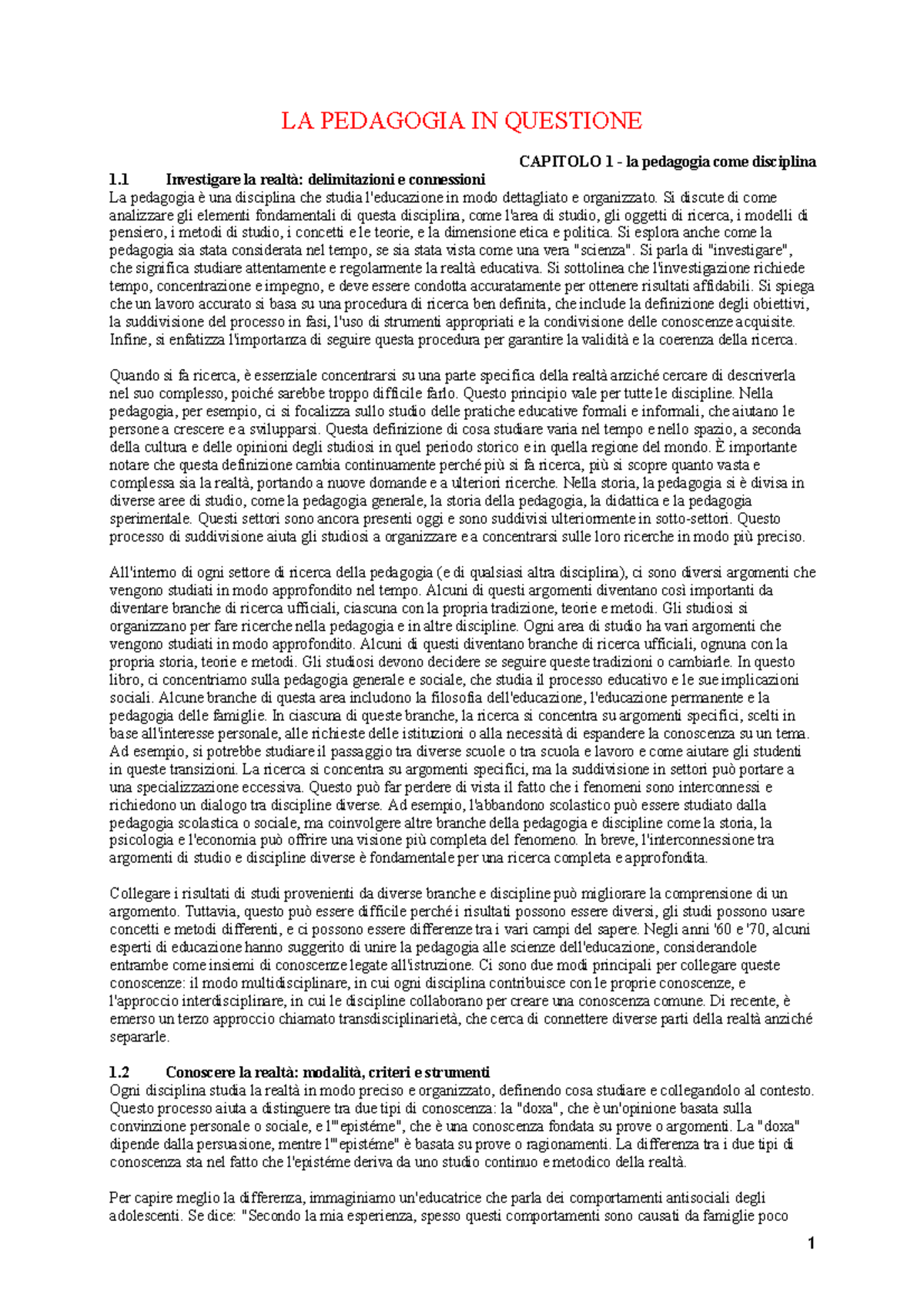 LA PEDAGOGIA IN QUESTIONE: CAPITOLO 1 - La Pedagogia come Disciplina ...