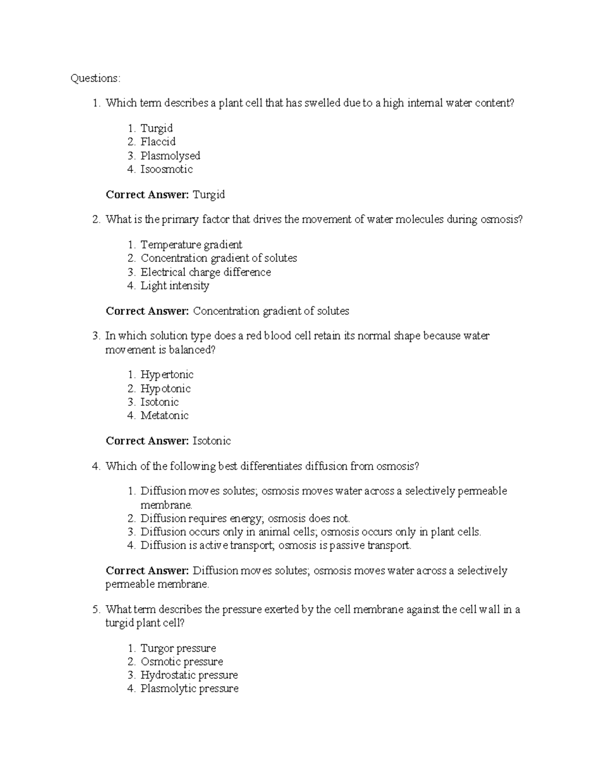 Diff-k - Science: Osmosis and Transport Quiz Questions - Studocu