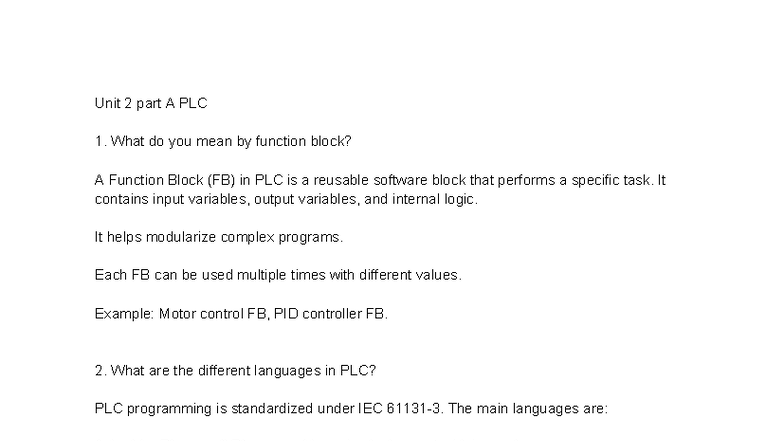Unit 2 Part A PLC - Function Blocks & Programming Languages Notes - Studocu