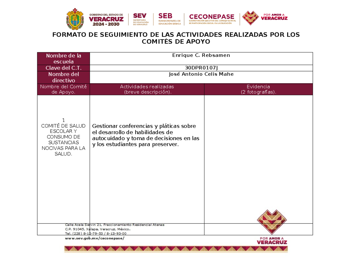 Formato de Seguimiento de Comités de Apoyo - Escuela Enrique C ...