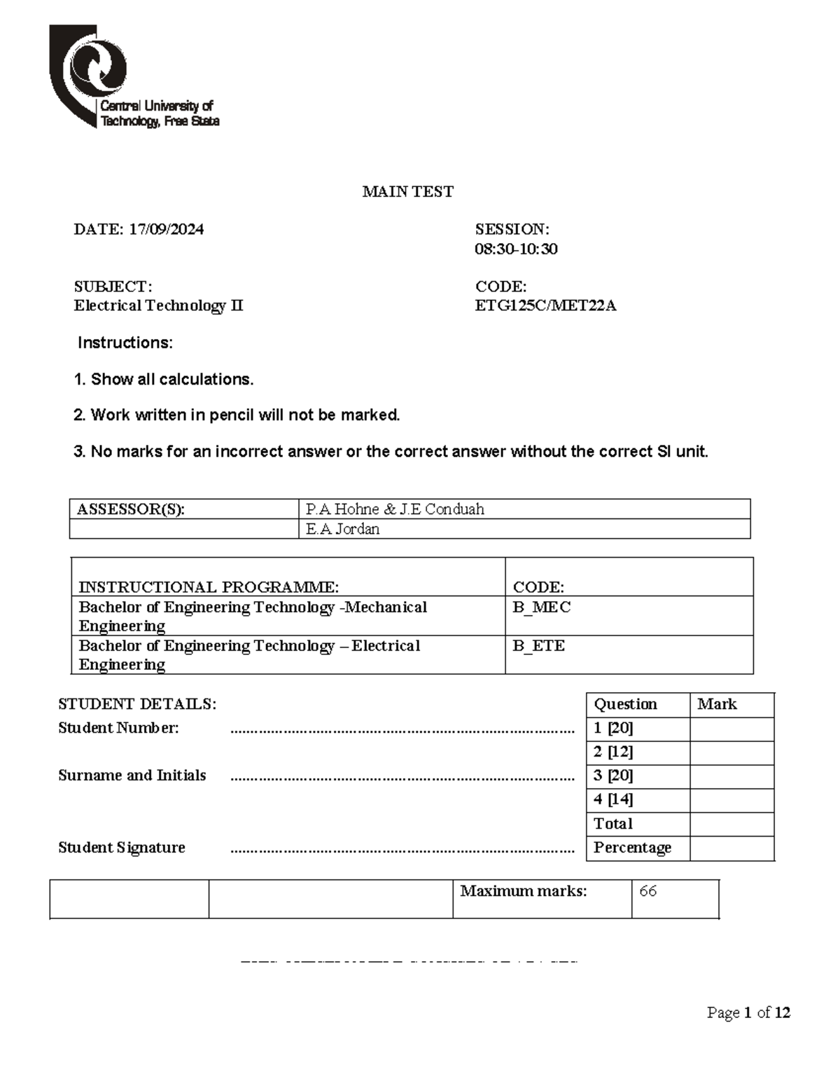 2024 Final Exam Memo for ETG125C/MET22A - Electrical Tech II - Studocu