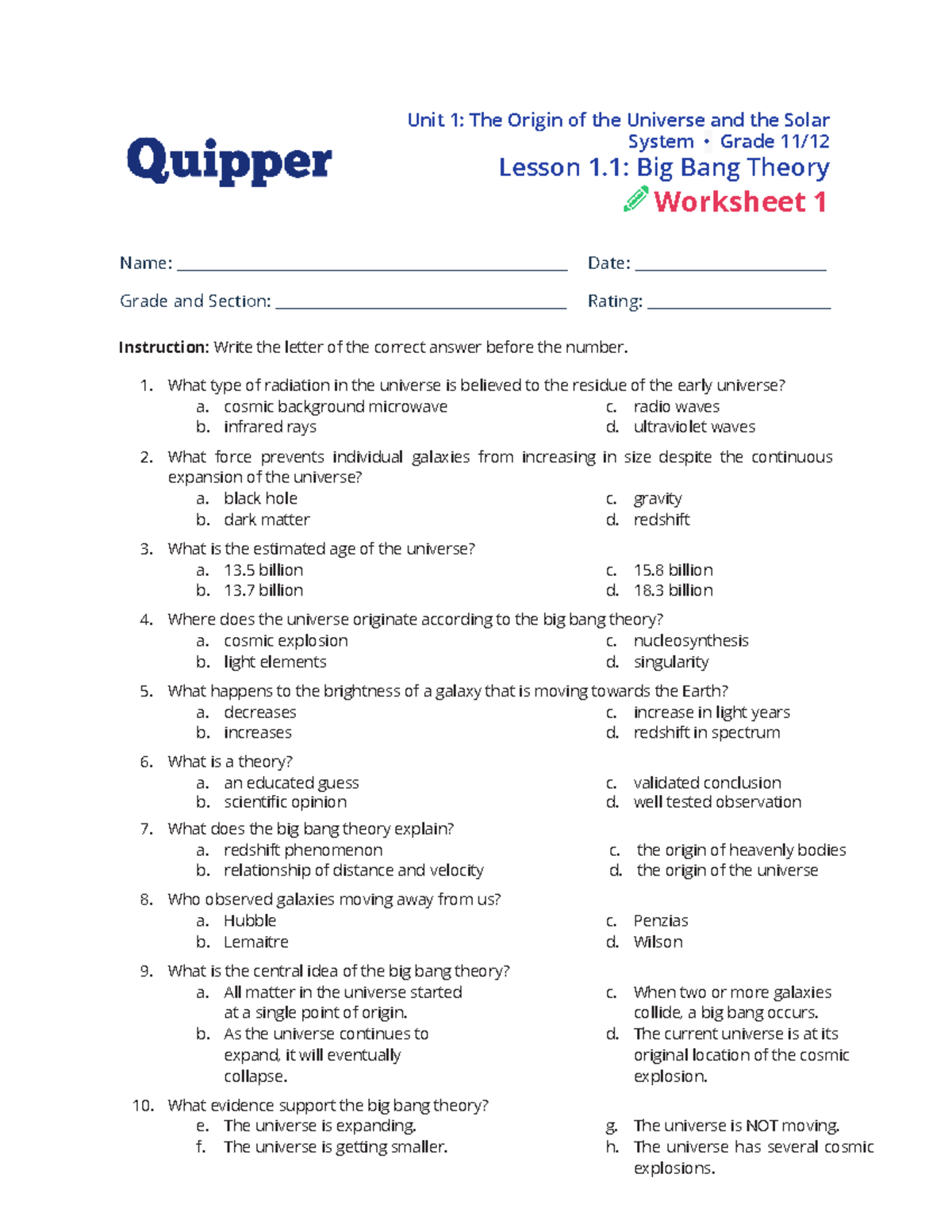 Unit 1: Big Bang Theory Worksheet 1 - Grade Lesson 1.1 - Studocu
