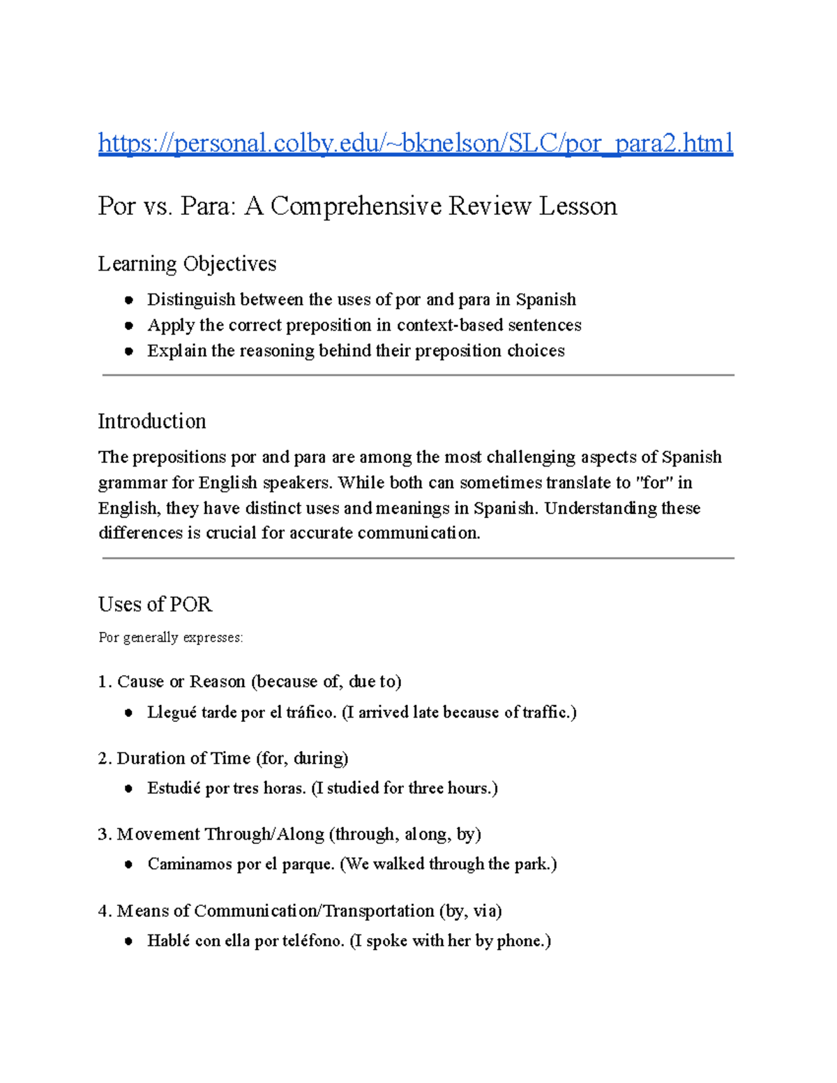 Por vs. Para: A Detailed Lesson Review for Spanish Class - Studocu
