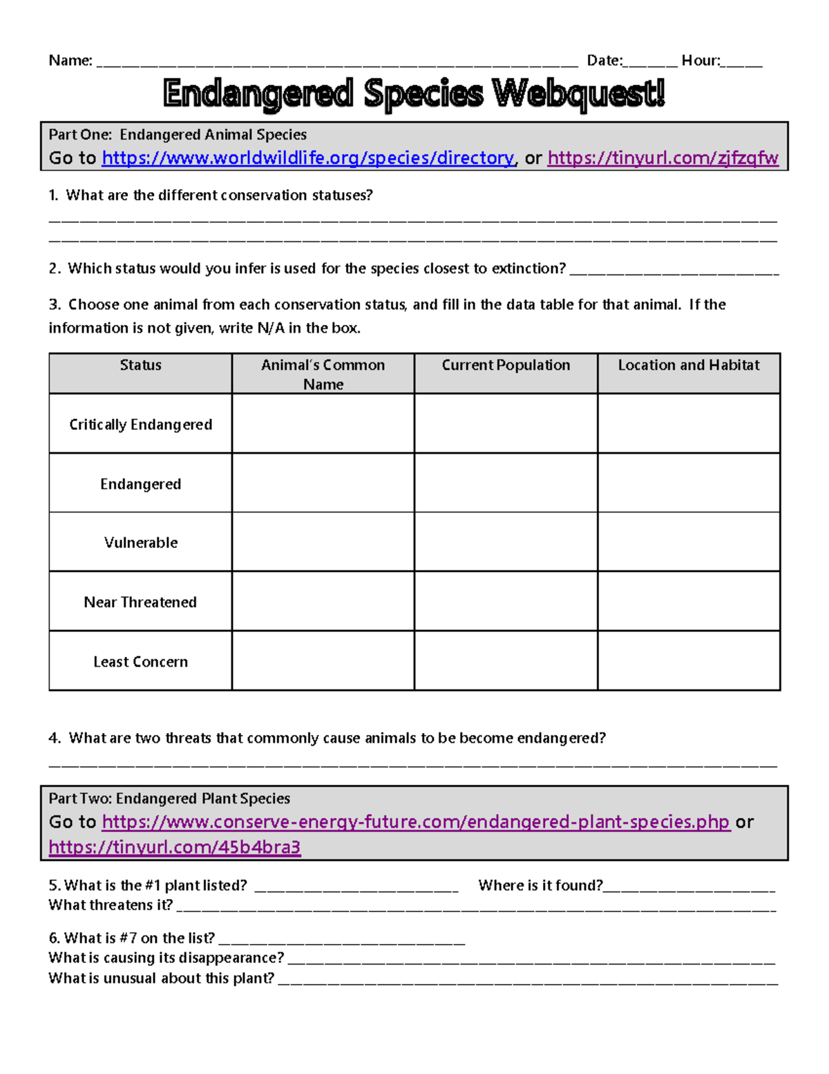 Endangered Species Webquest-2 1 - Name: - Studocu