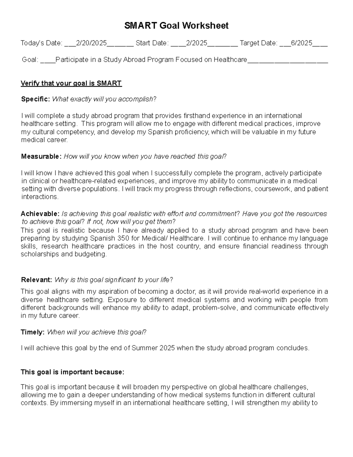 SMART Goal Worksheet for Study Abroad Program - Studocu