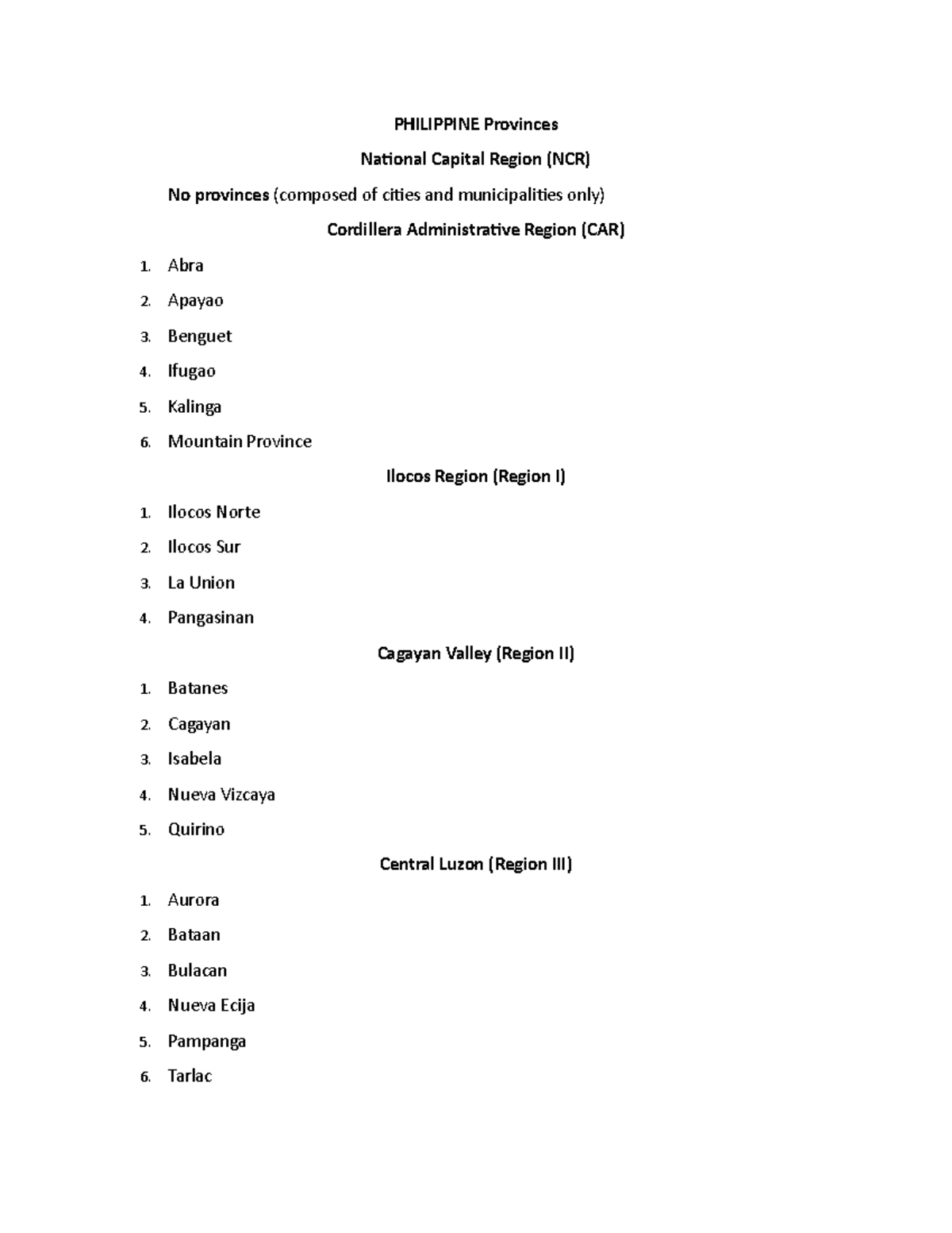 Philippine Provinces Overview: Regions and Their Areas - Studocu