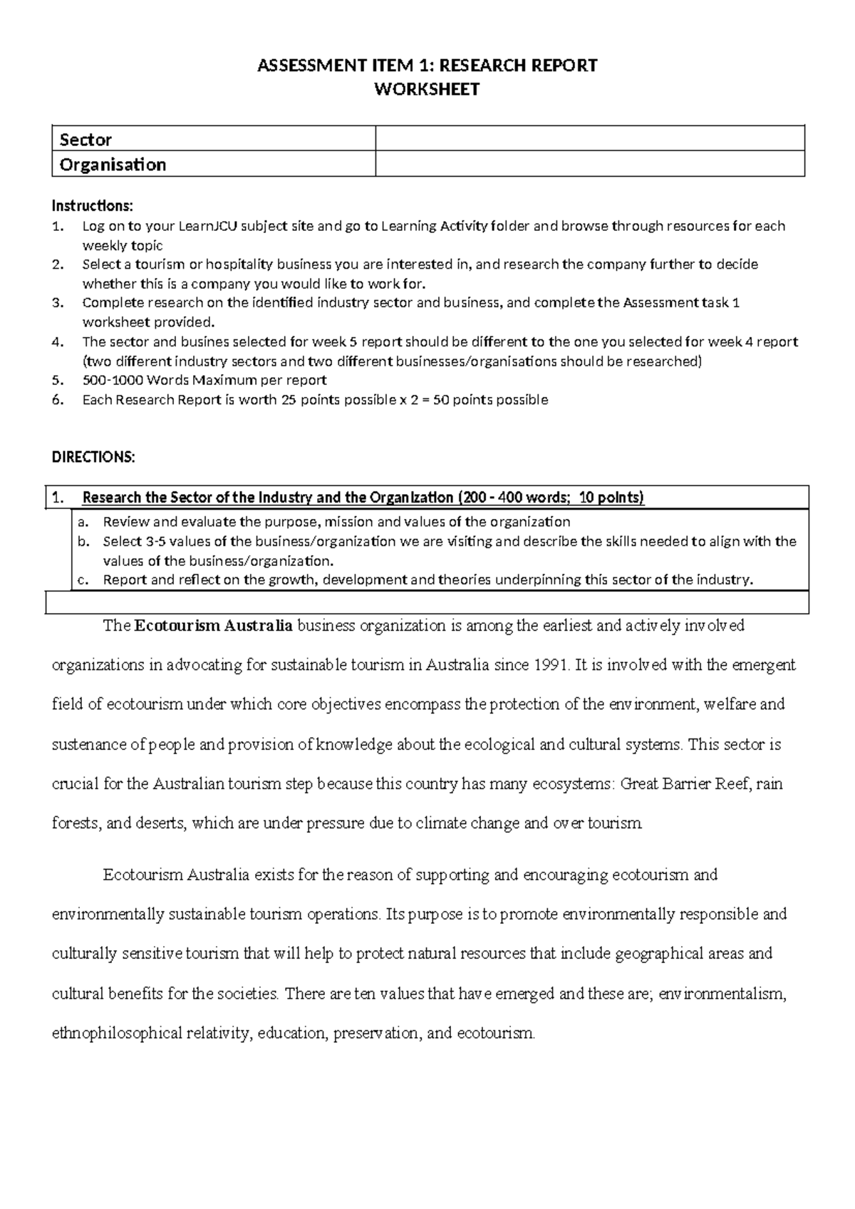 TO1008 A1: Ecotourism Australia Research Report Worksheet - Studocu