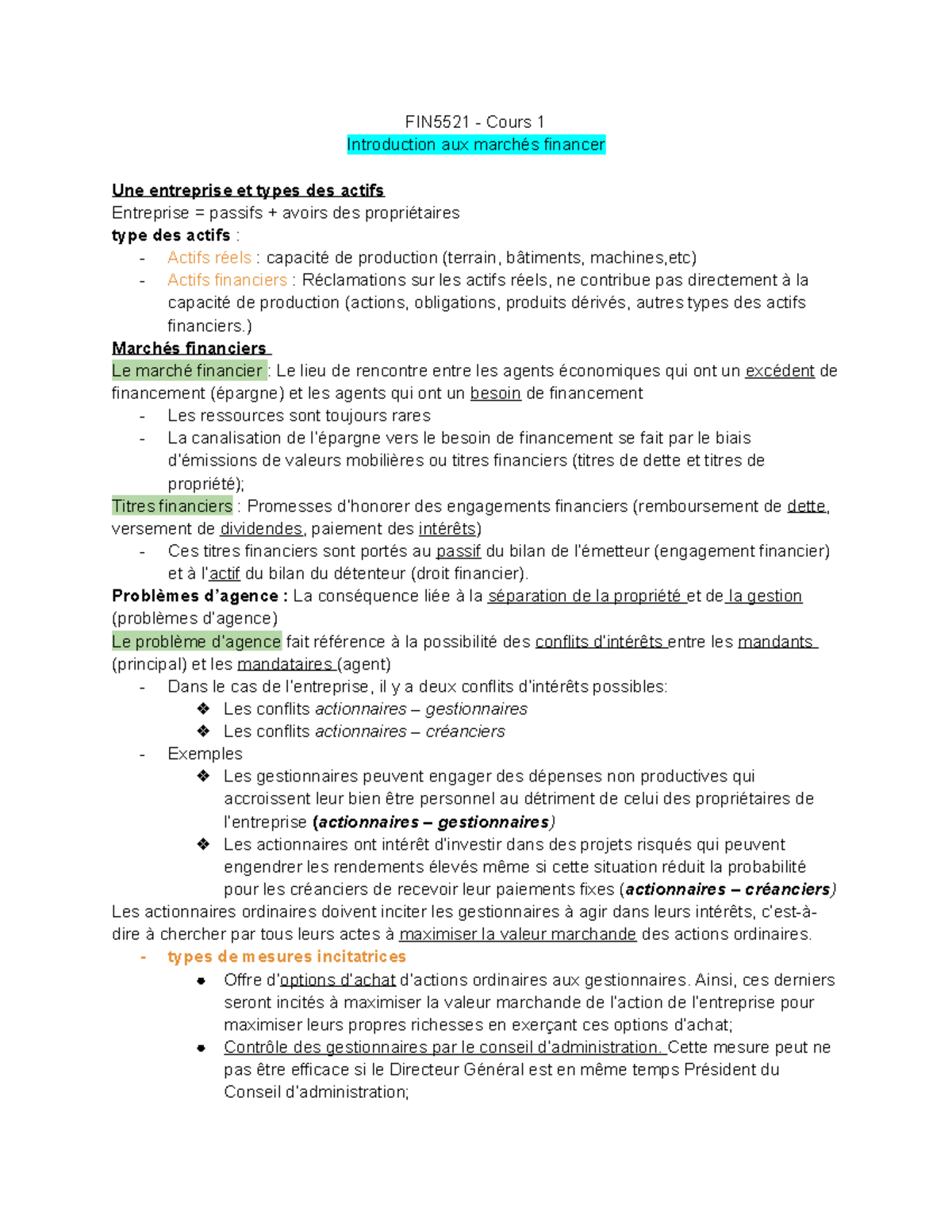 FIN5521 - Cours 1: Introduction aux Marchés Financiers et Actifs - Studocu