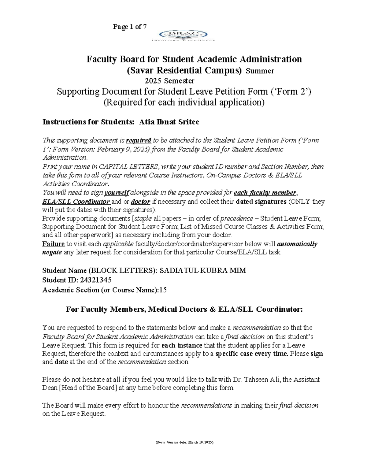 Supporting Document for Student Leave Petition Form (HUM 103, BNG 103 ...