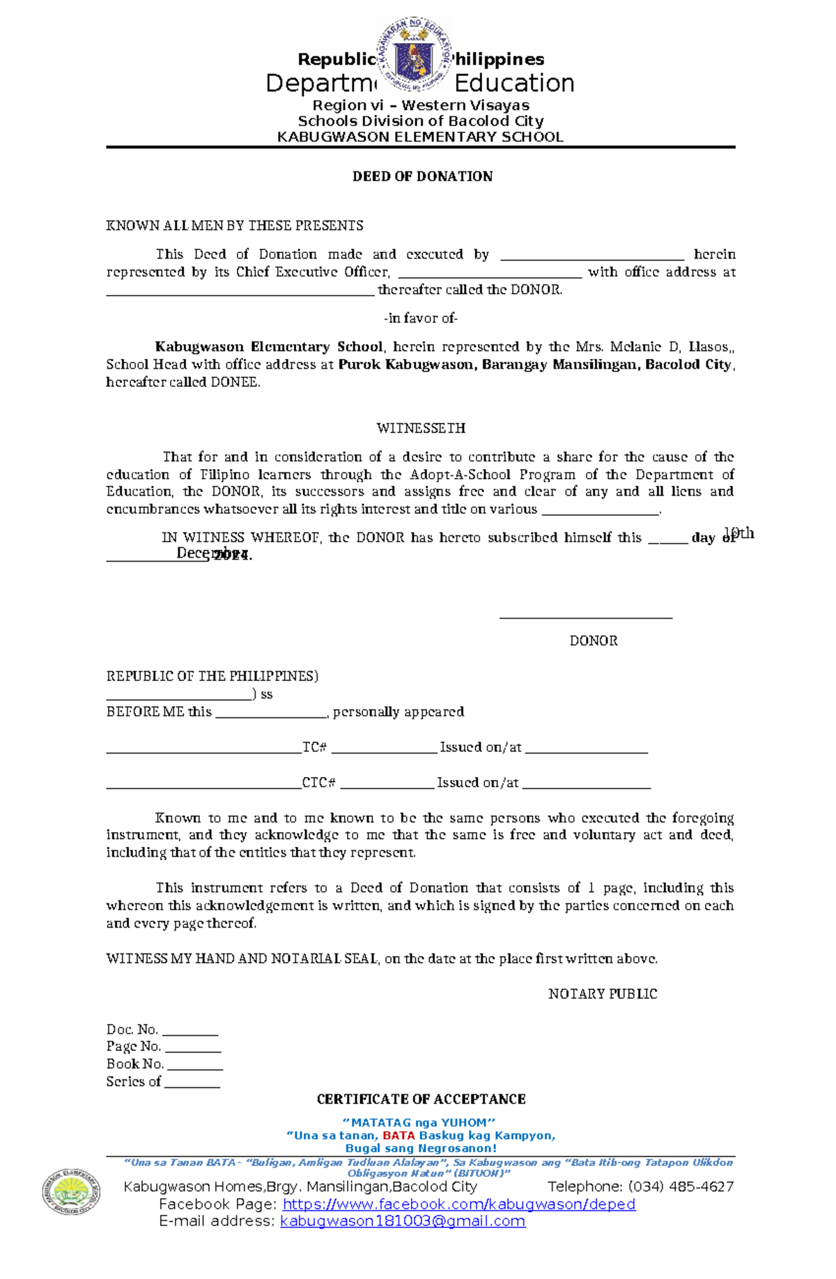 DEED OF Donation AND Acceptance - Republic of the Philippines ...