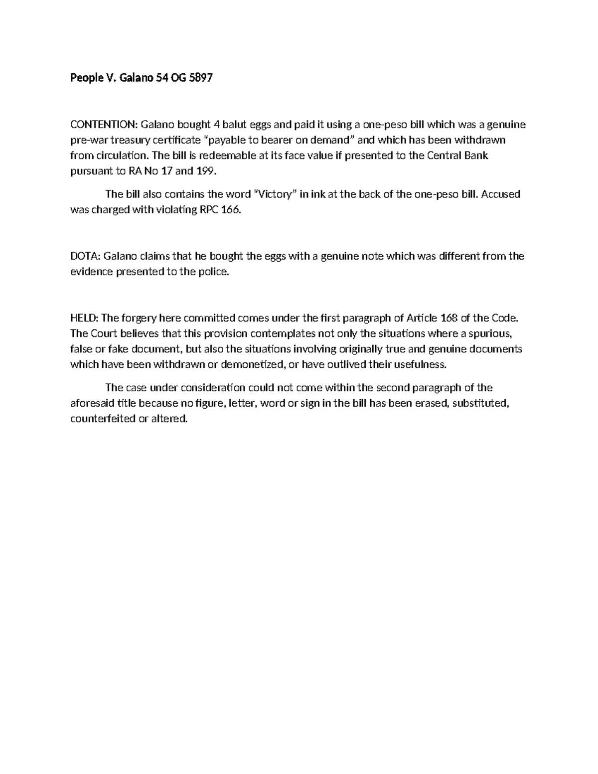 People v. Galano: Analysis of Forgery in RPC 166 Case - Studocu
