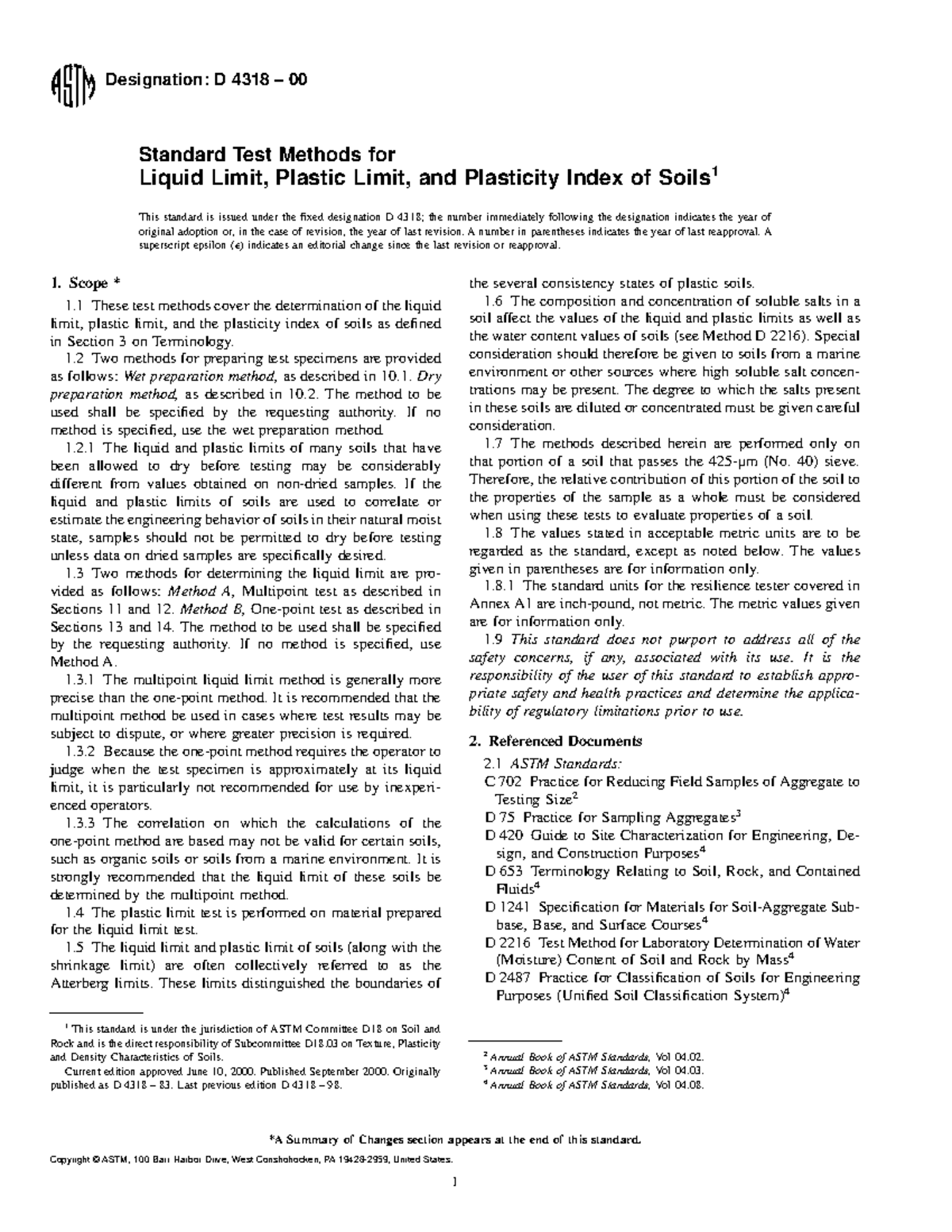 D4318 Standard Test Methods for Liquid & Plastic Limits of Soils - Studocu