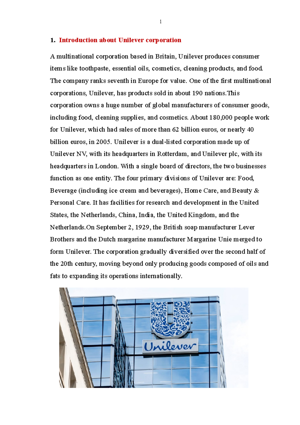 Final assignment - Introduction about Unilever corporation A multinational corporation based in ...