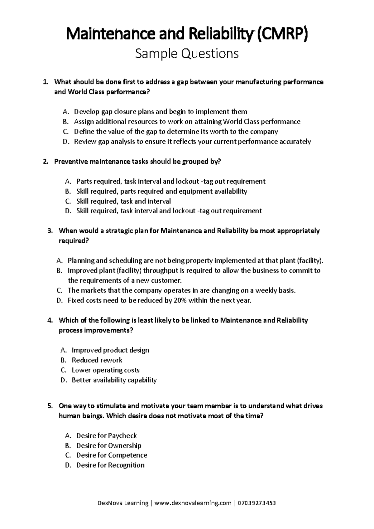 CMRP Maintenance and Reliability Sample Exam Questions - Studocu