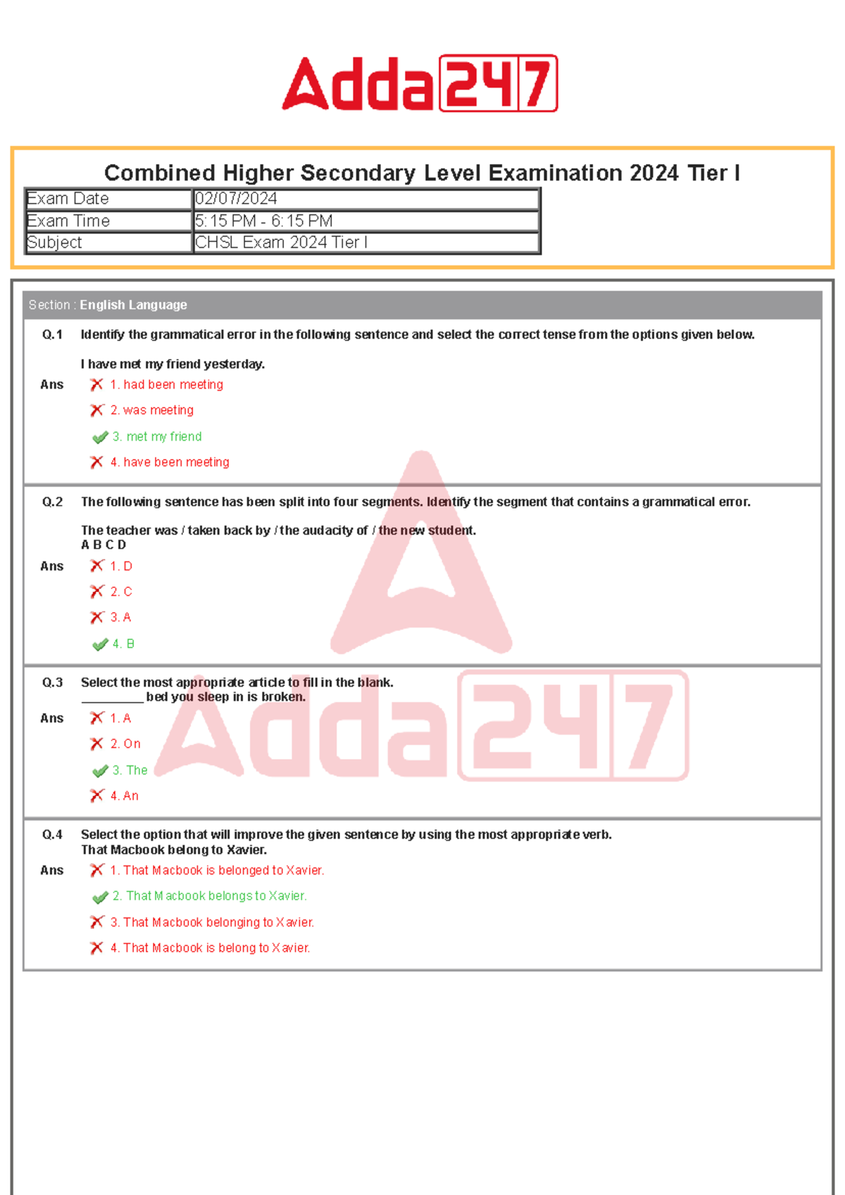 SSC CHSL Tier I Question Paper - 2 July 2024, Shift 4 - Studocu