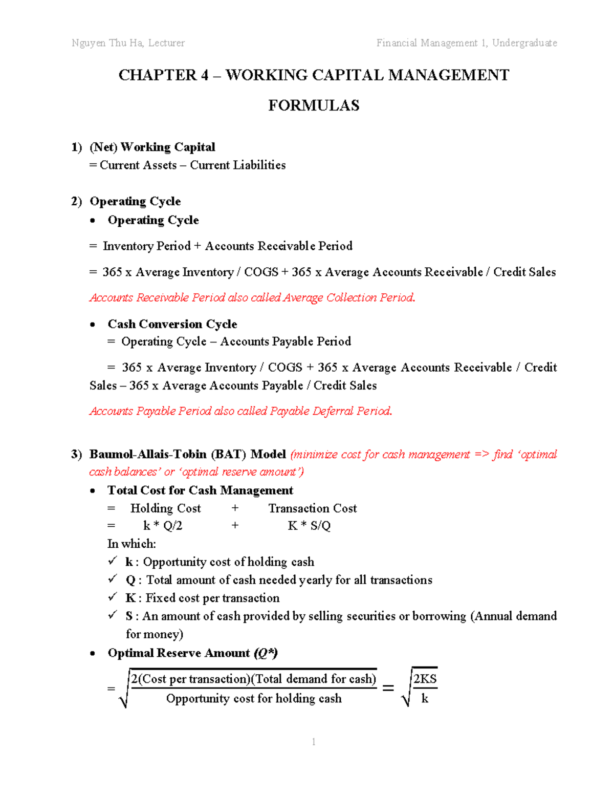 Formulas for Working Capital Management (FINM 1) - Chapter 4 - Studocu
