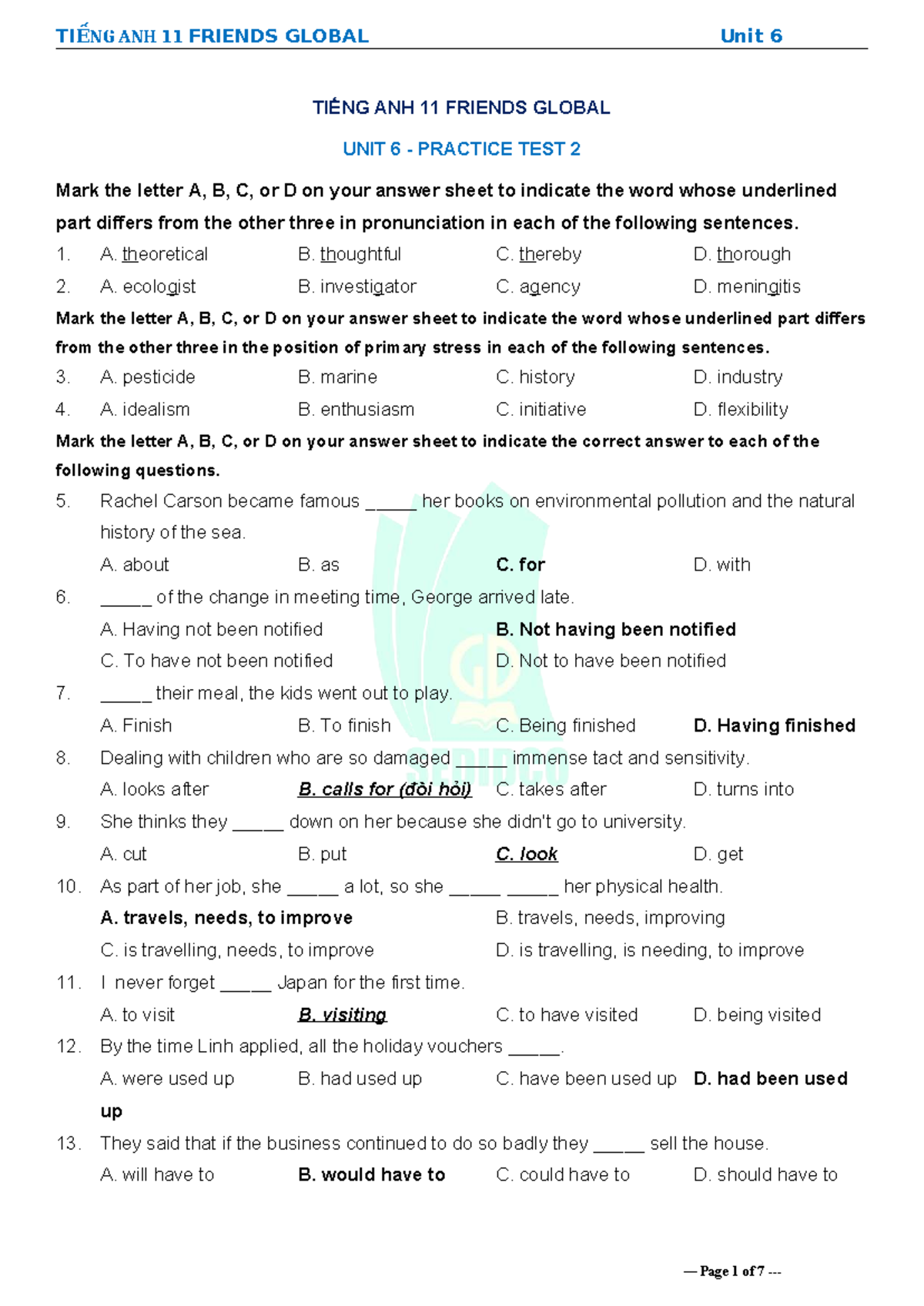 TIẾNG ANH 11 FRIENDS GLOBAL Unit 6 PRACTICE TEST 2 - Studocu